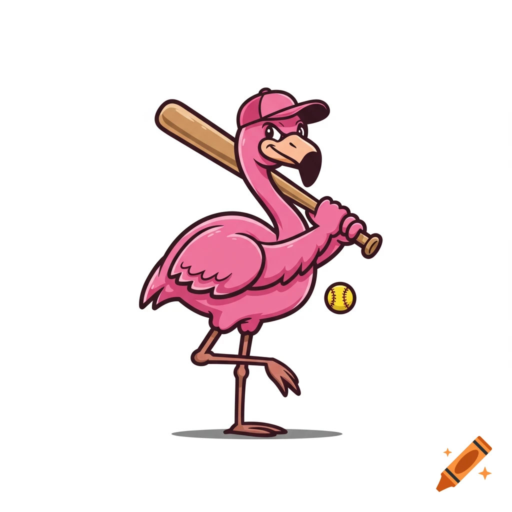 A cartoon pink flamingo wearing a cap and holding a baseball bat stands ...