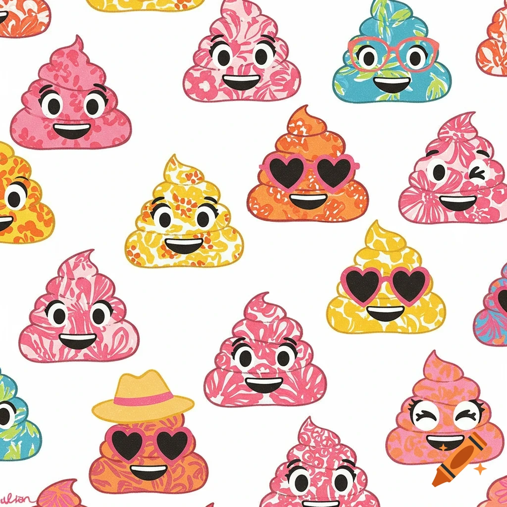 Pattern of colorful, smiling poop emojis with floral prints, sunglasses ...