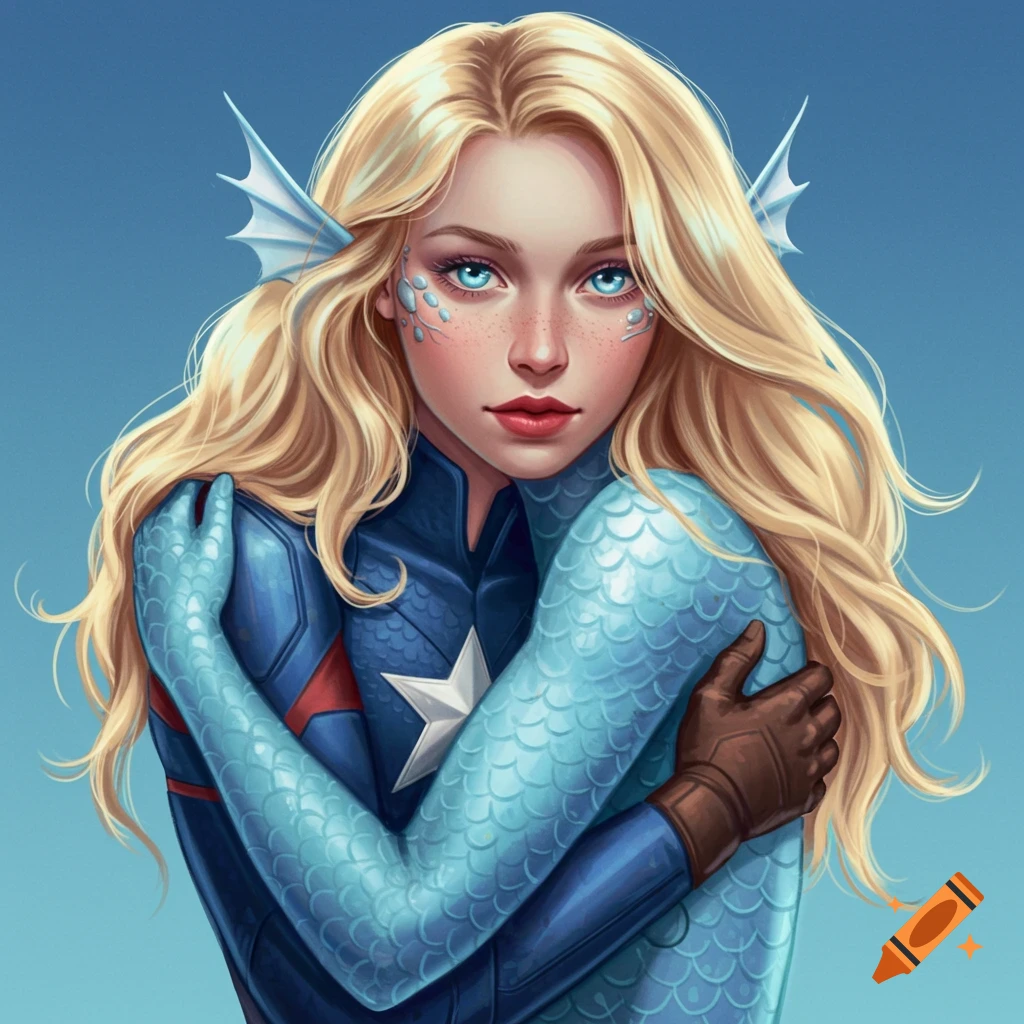 Blonde superhero Power Girl in a white costume with a cape stands in a ...