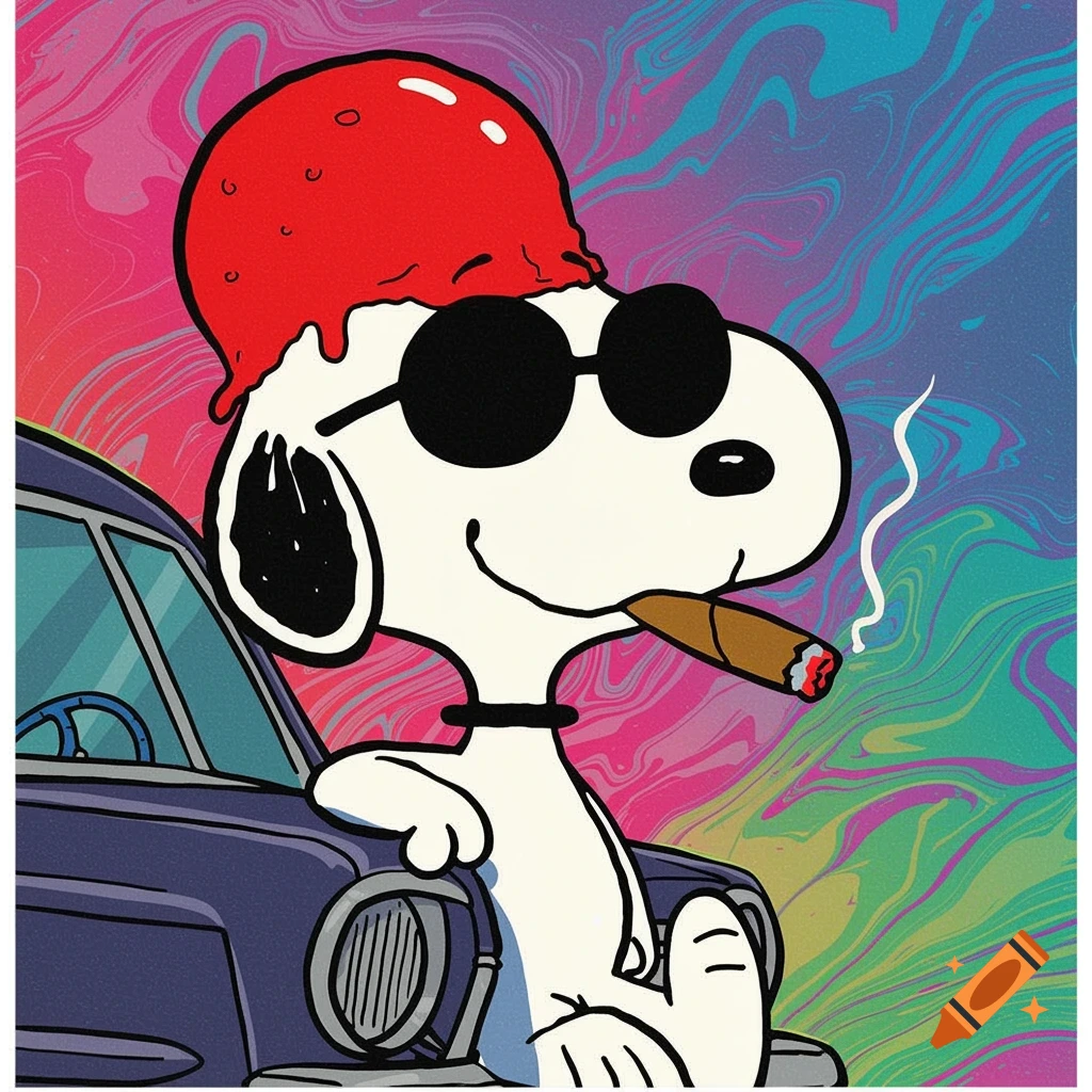 Cartoon Snoopy wearing a delivery hat and shirt, carrying a tray loaded ...