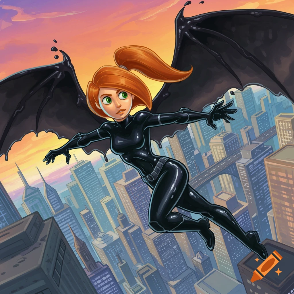 Cartoon illustration of Kim Possible in a black camo Venom suit with ...