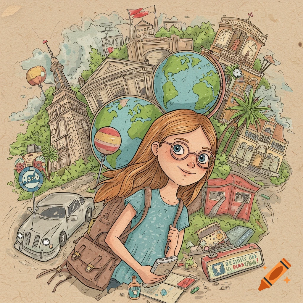Collage of travel-themed drawings for kids activity book on Craiyon