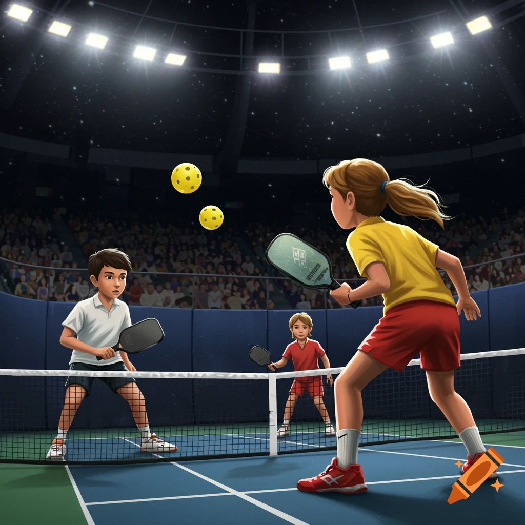 Pickleball match between two kids' teams in a space arena. on Craiyon