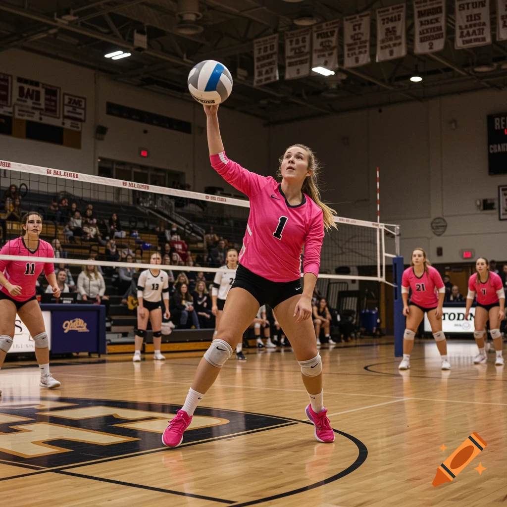 Volleyball player in pink jersey passing ball at Iowa City High arena ...