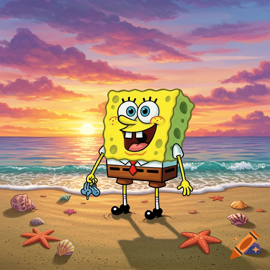 Spongebob at the beach with ripped pants on Craiyon