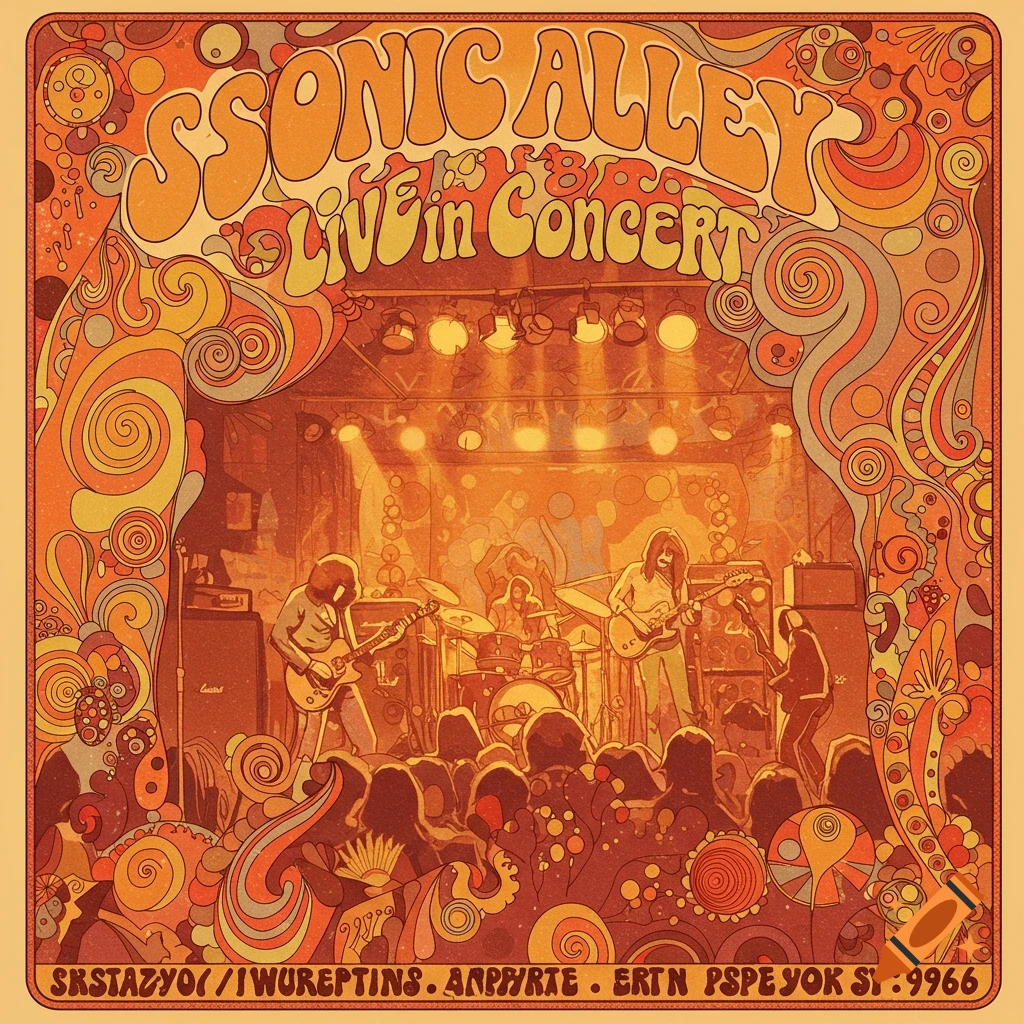 A 1970s bohemian style rock concert poster for Sonic Alley, featuring a ...