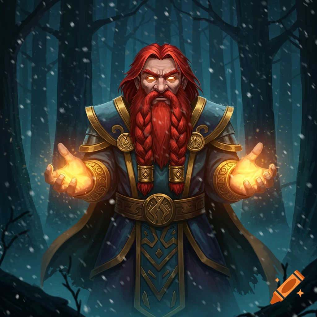 Dwarven priest with red hair in a snowy forest at night with glowing ...
