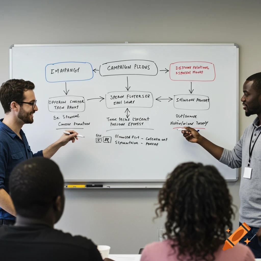 Whiteboard session with team members sketching campaign pillars on Craiyon