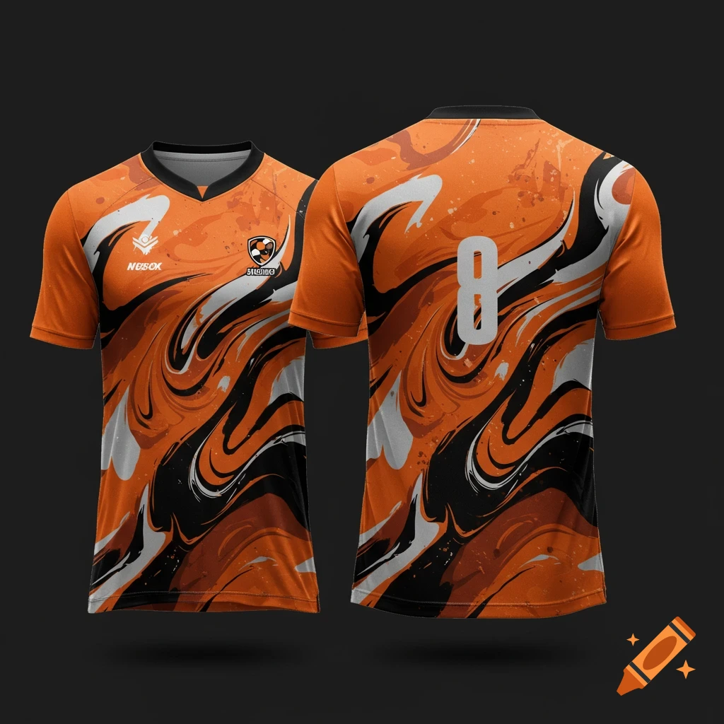Orange, black, and white calico volleyball team jersey on Craiyon