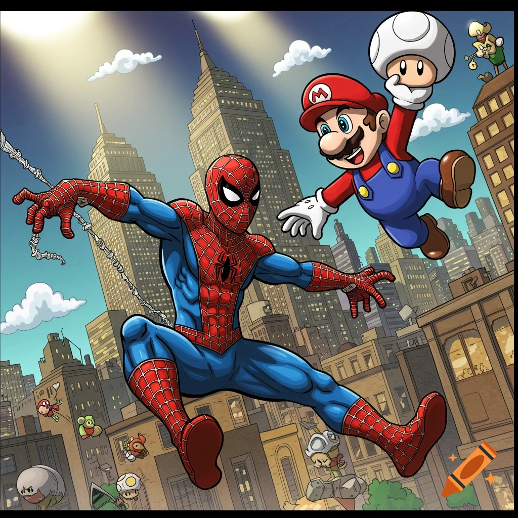 Mario and Spider-Man stand on a city rooftop in a cartoon style. on Craiyon