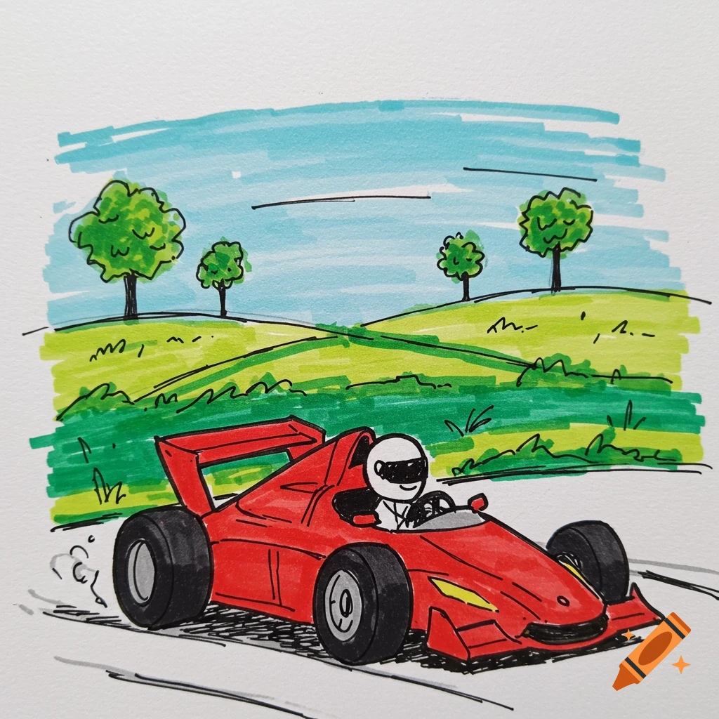 Simple cartoon drawing of a red race car with a stick figure driver on ...