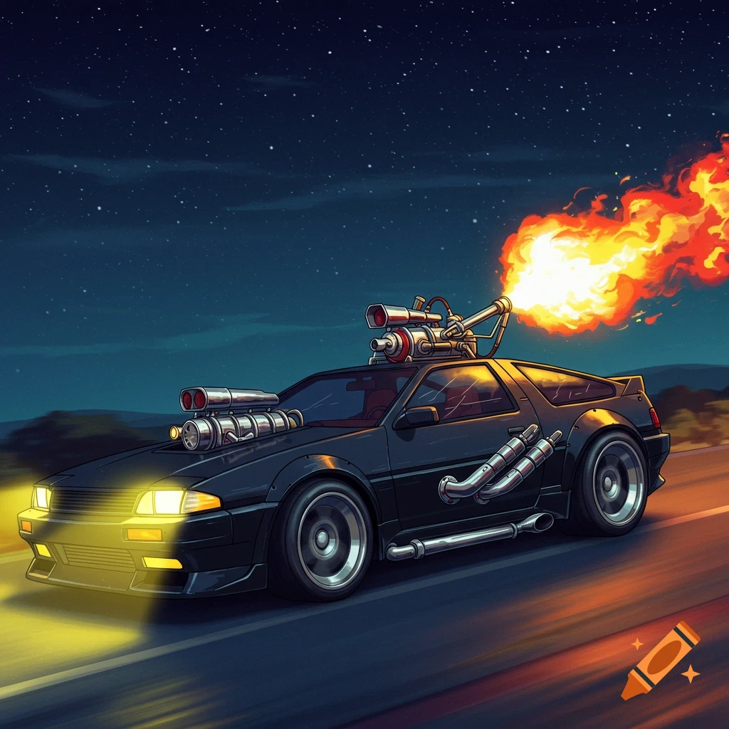 Stylized illustration of a black car with large engines and a rooftop ...