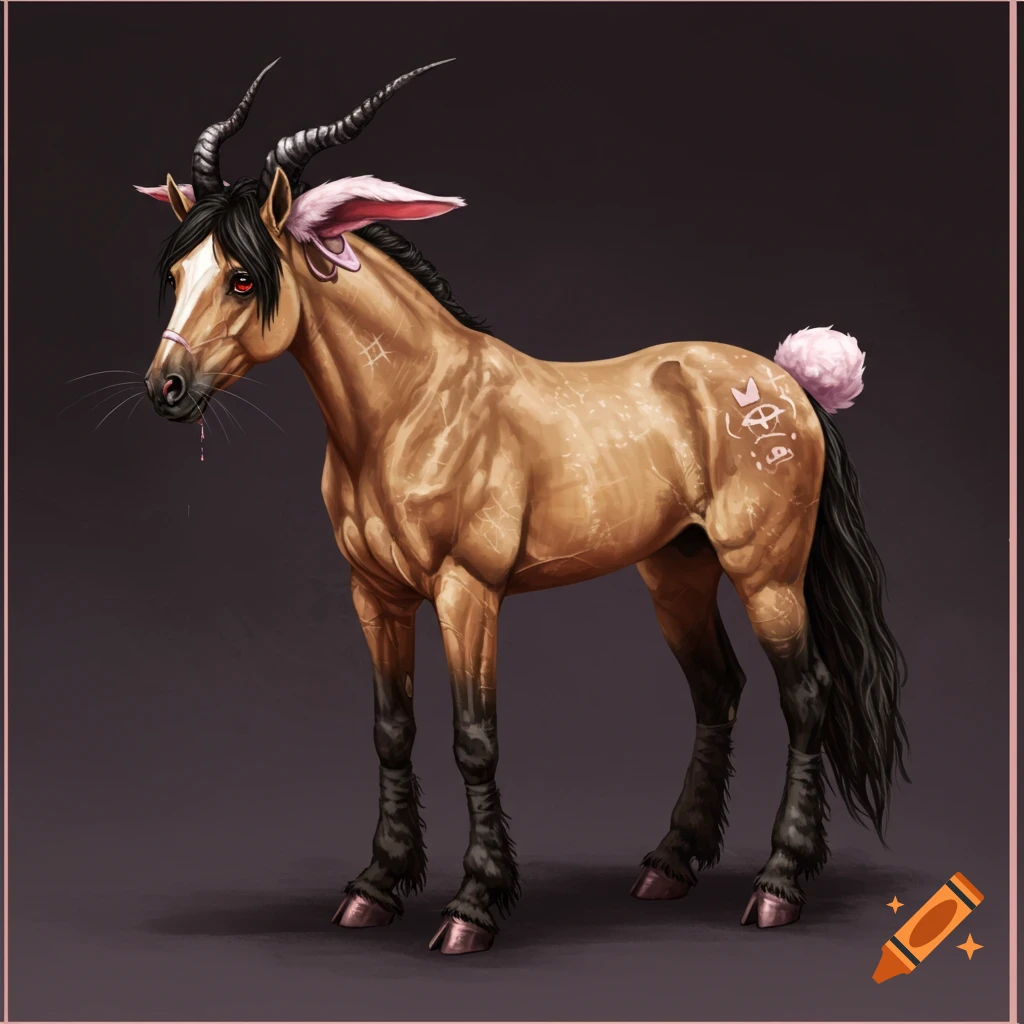 Emo horse creature with horns, bunny tail, dog snout, cat ears, and ...