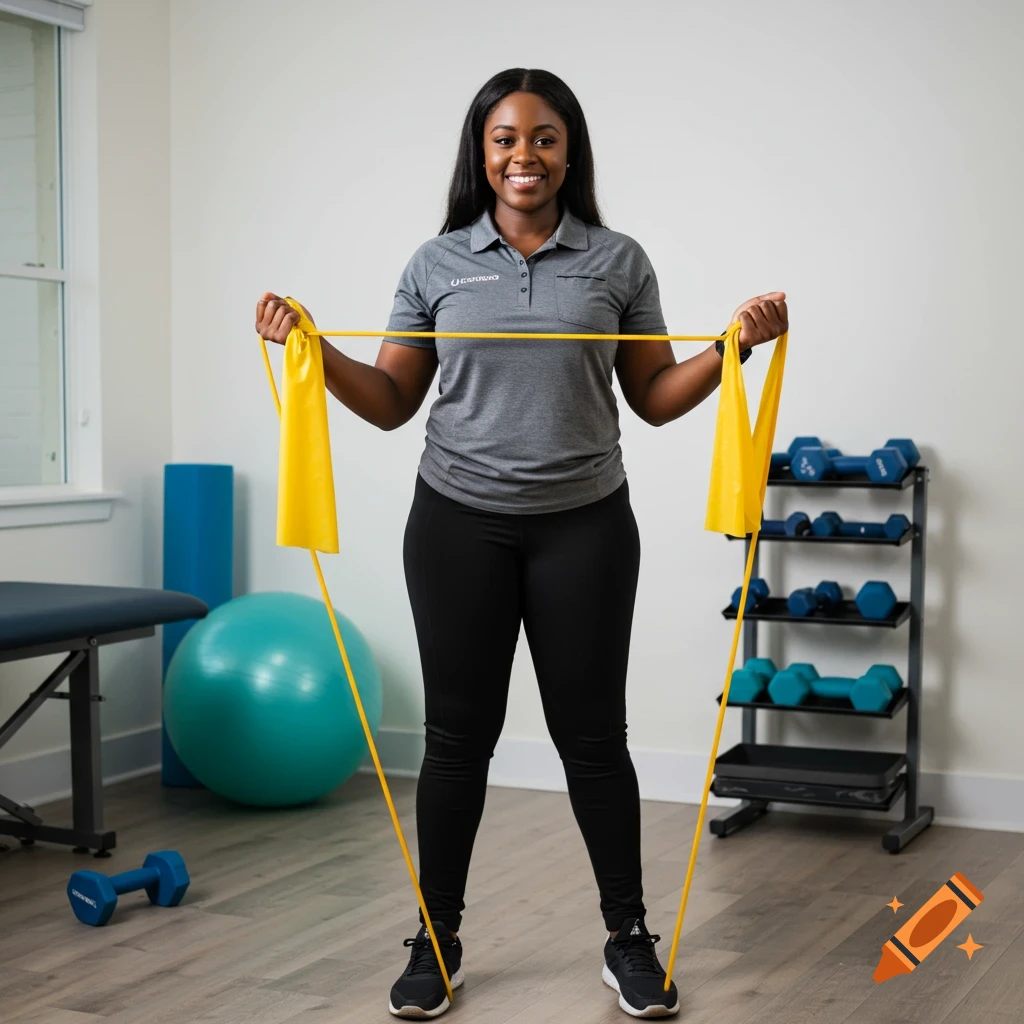 Black woman physical therapist in modern clinic demonstrating exercise ...