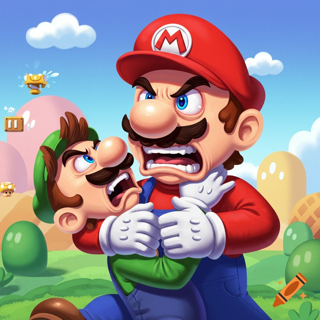 Cartoon style image of Mario strangling Luigi with a video game ...