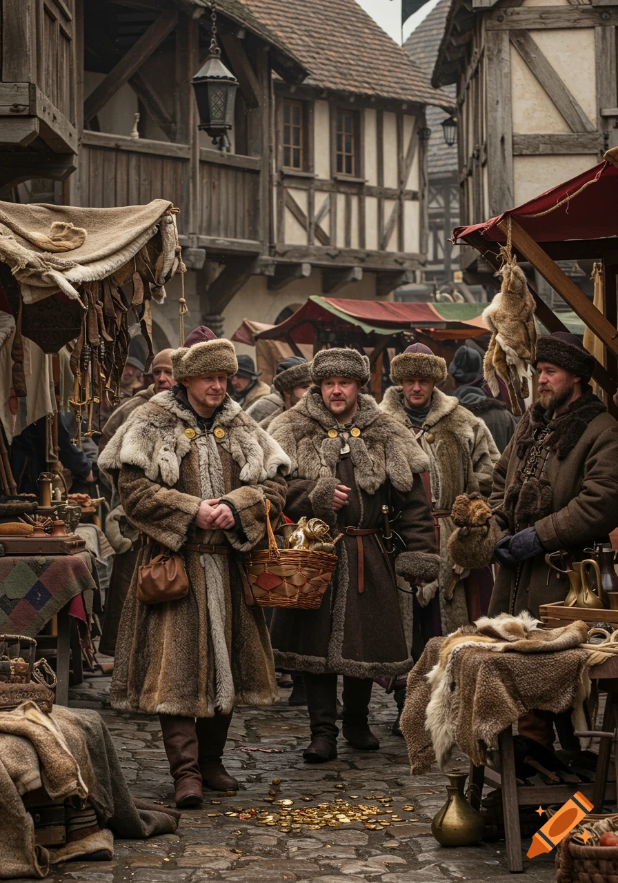 Medieval traders in fur coats stand in a busy market street on Craiyon