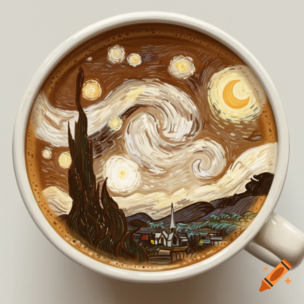 Latte with Starry Night foam art on Craiyon
