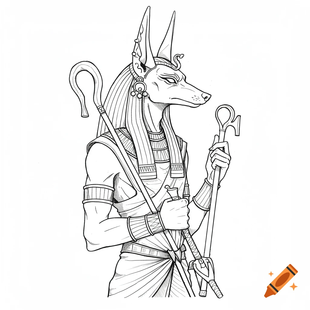 Line art of Egyptian god Anubis holding staff and flail on Craiyon