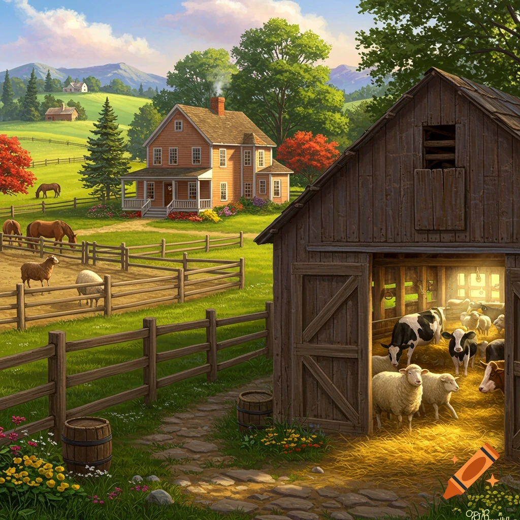 Farmhouse with horse, cows, sheep, and goats on Craiyon