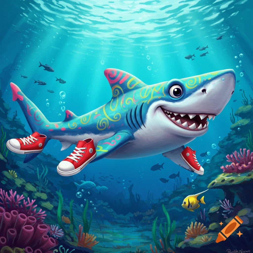 A cartoon shark with red shoes swims underwater among coral and fish ...