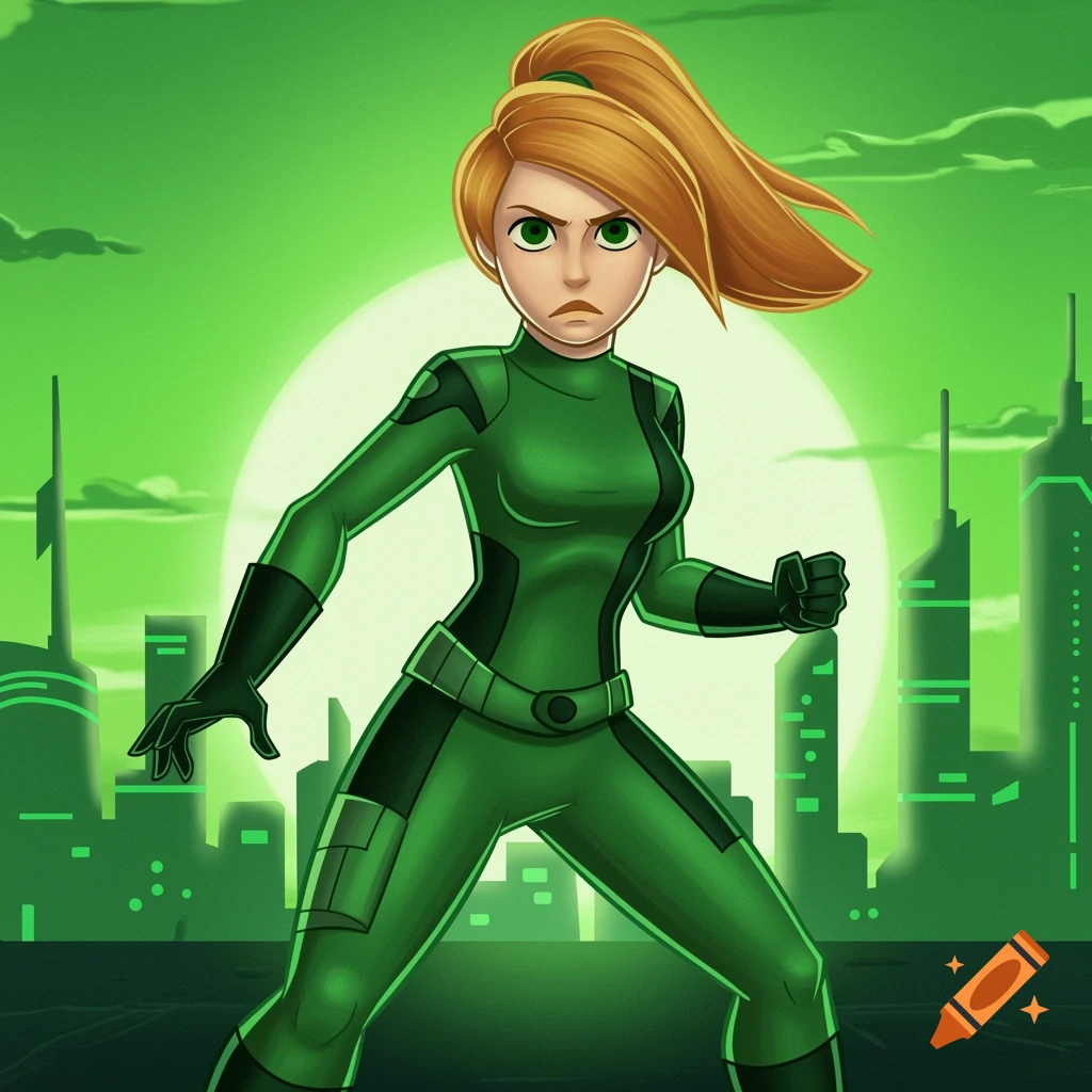 Cartoon illustration of Kim Possible in a black camo Venom suit with ...