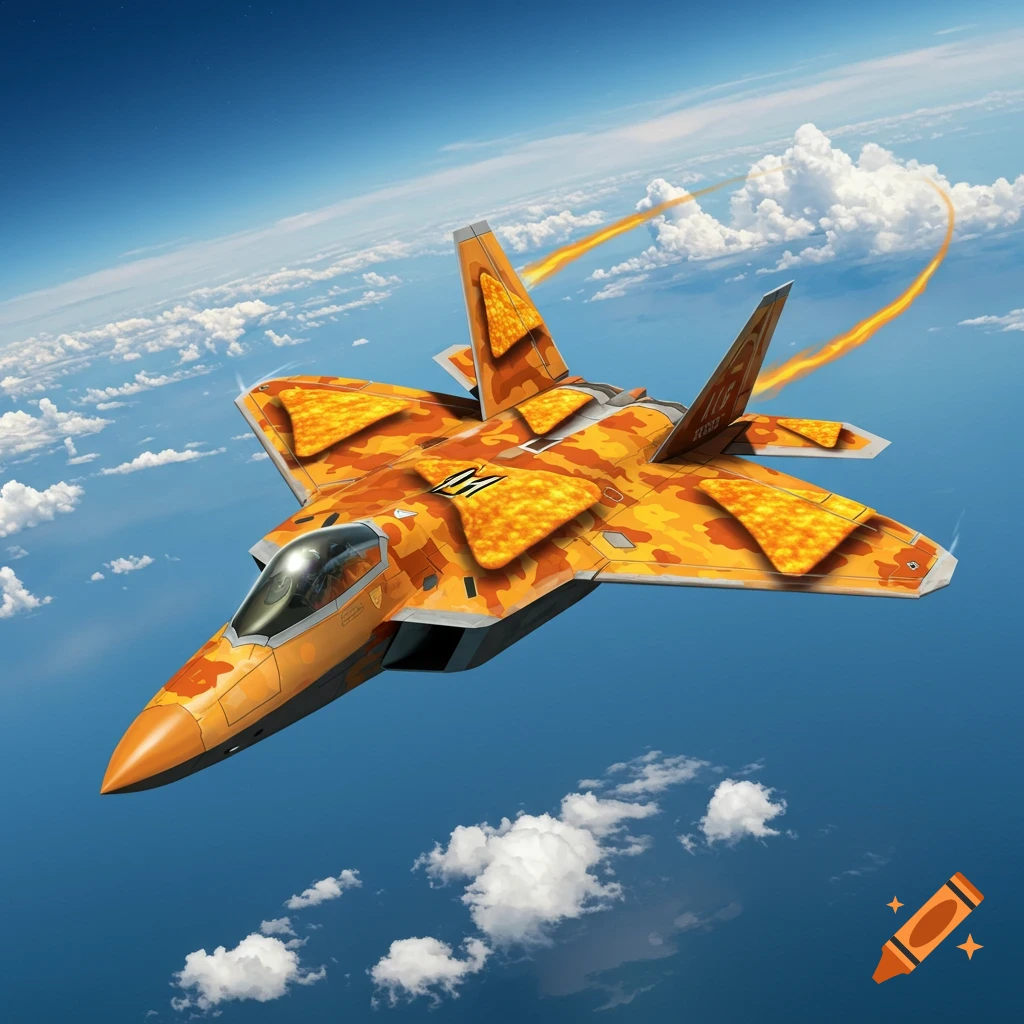 An F-22 Raptor jet painted with orange Doritos camouflage flying in a blue sky with clouds. on ...