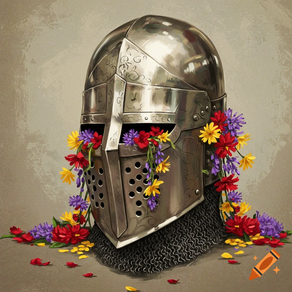 Crusader helmet with blooming flowers on Craiyon