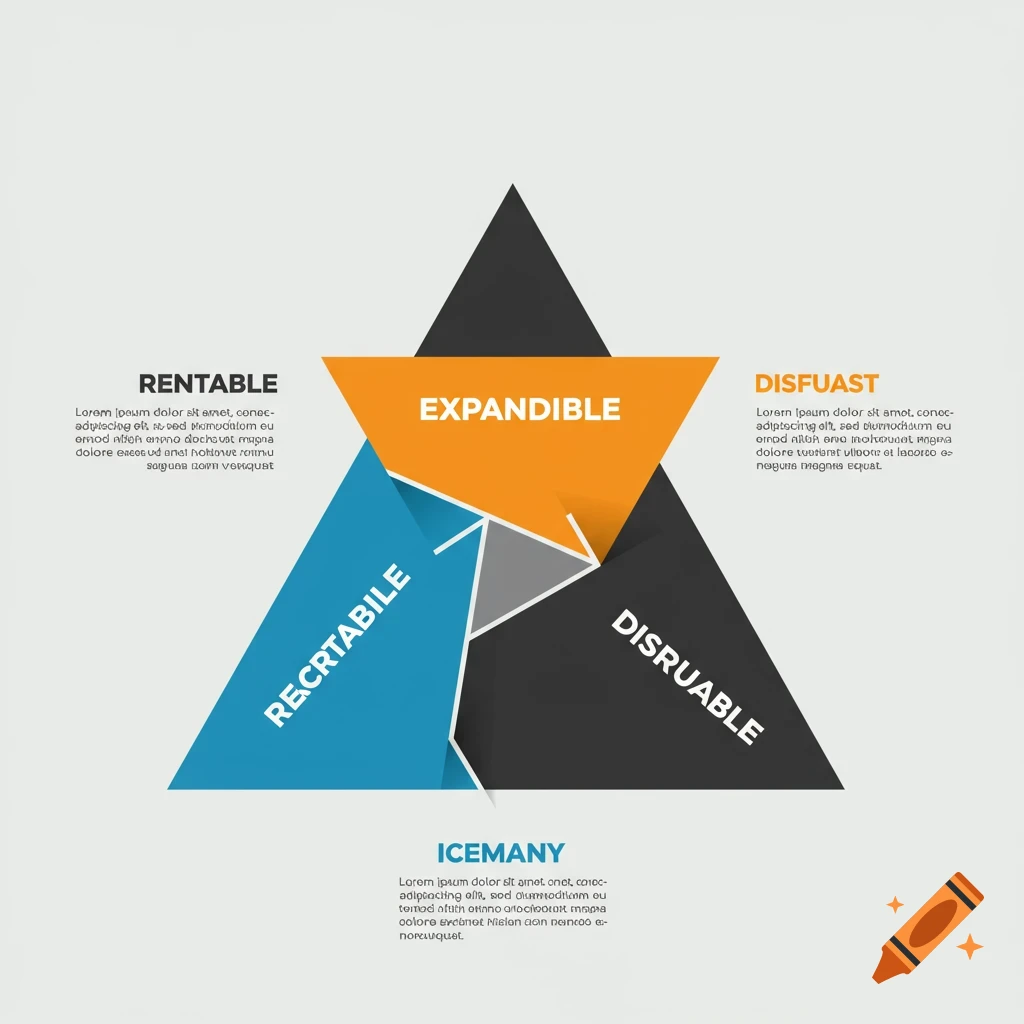Business concept triangle with words Rentable, Expandible, Disfruable ...