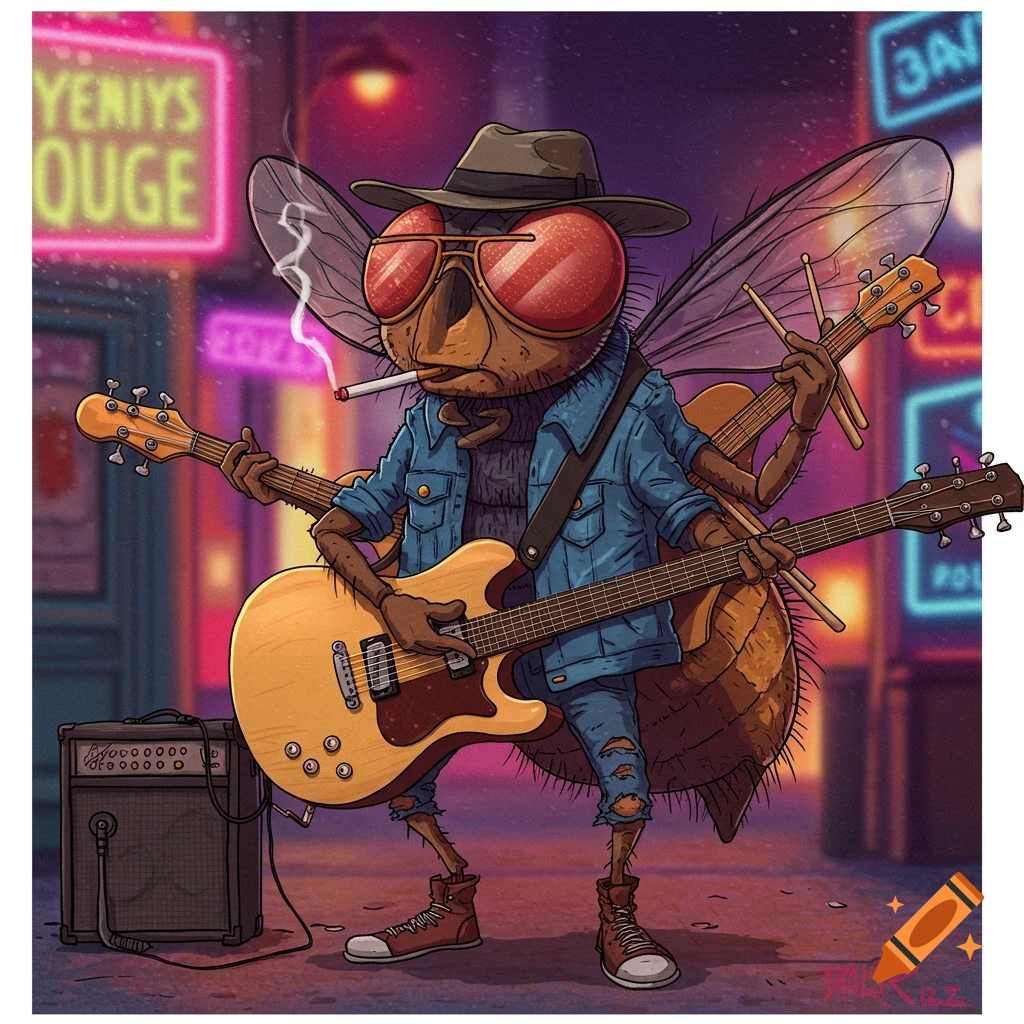 Fly playing musical instruments and smoking on Craiyon