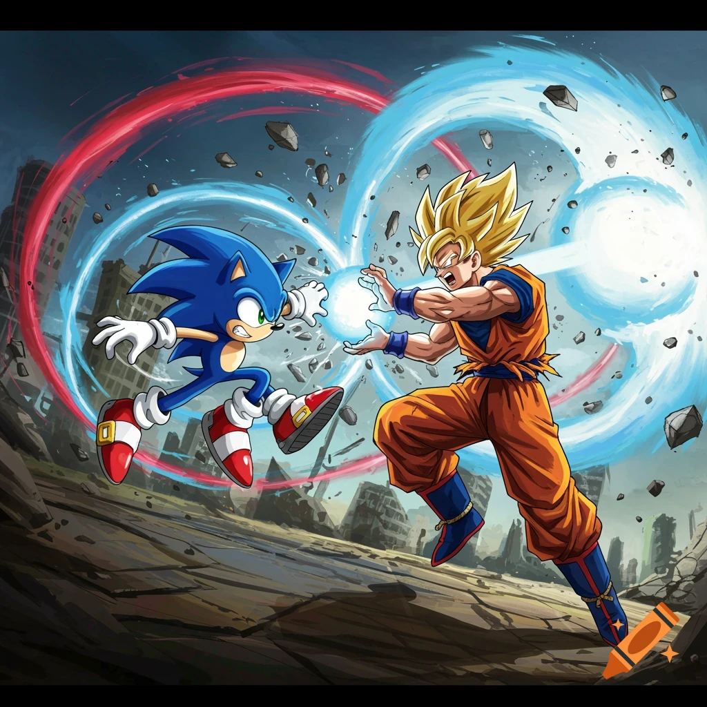 Sonic and Goku clash with energy blasts in a destroyed city, digital ...