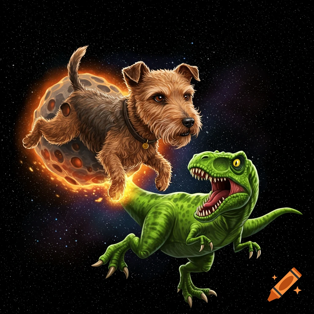 A brown terrier dog rides a flaming asteroid towards a green dinosaur ...