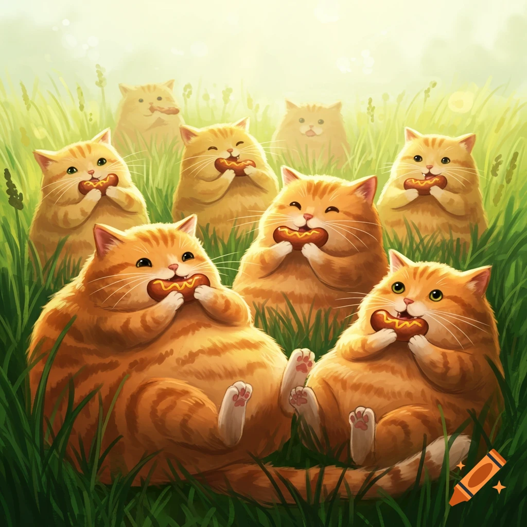 Fat orange cats eating hotdogs in a grassy field. on Craiyon