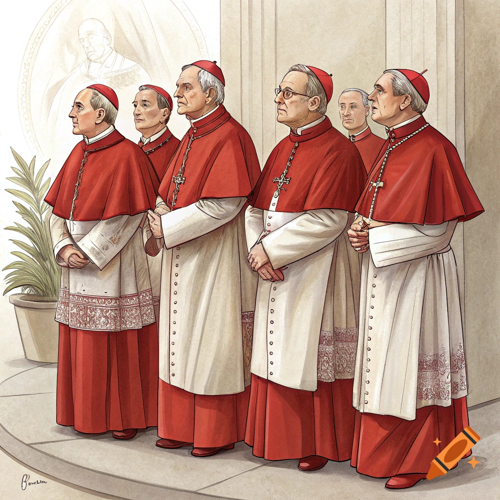 Five men in red cardinal robes and white garments stand in a line ...