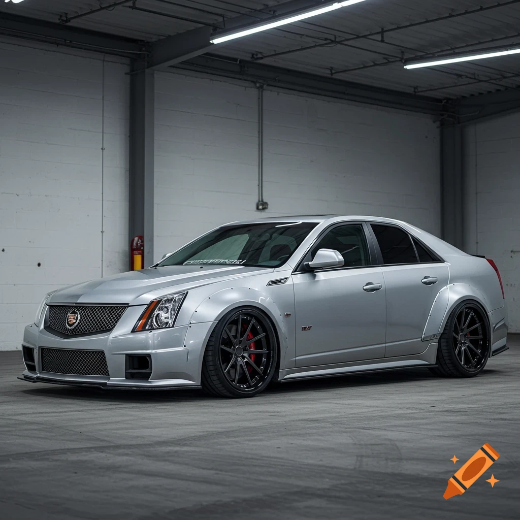 A silver widebody Cadillac CTS-V sedan is parked in a garage. on Craiyon