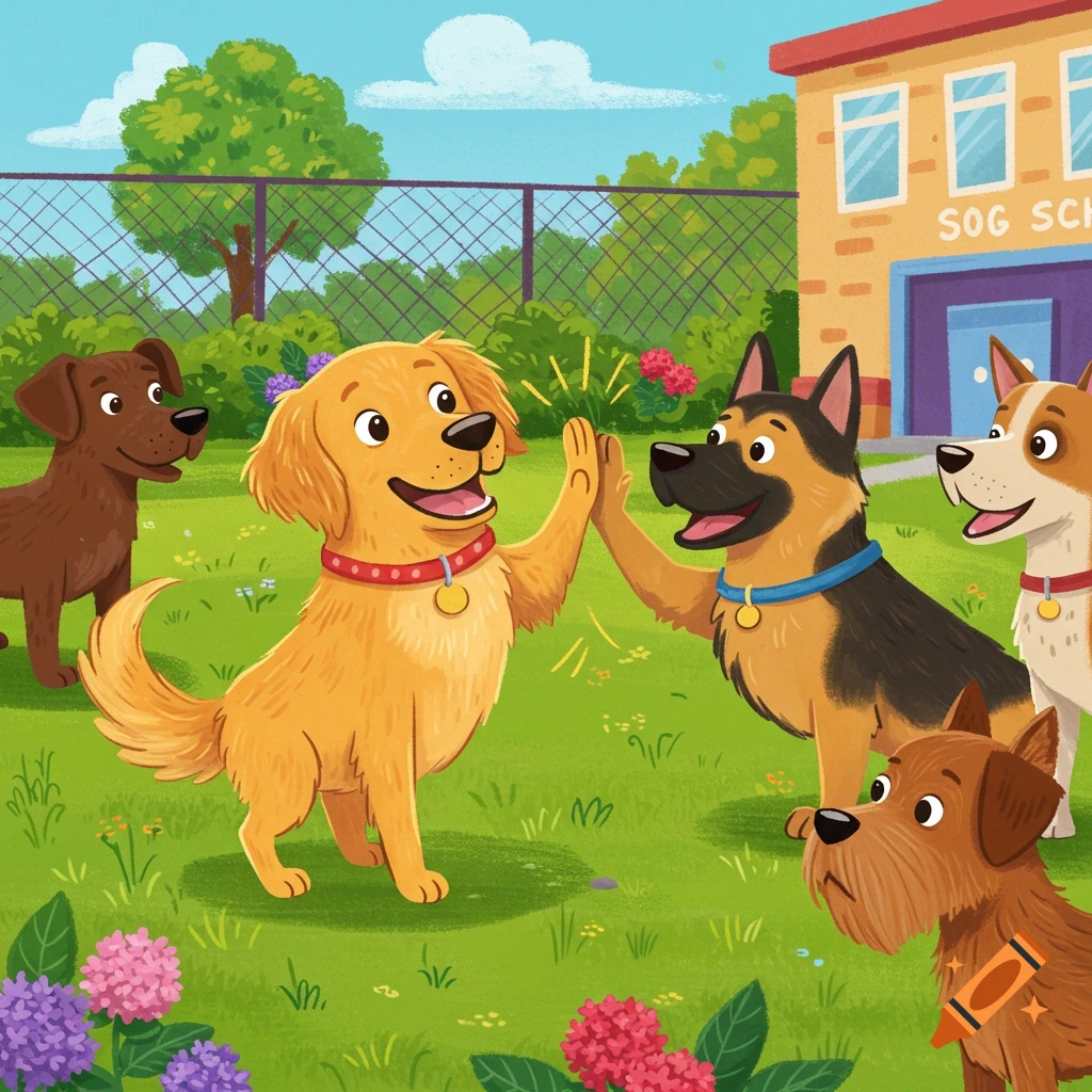Cartoon of golden retriever Finn high-fiving dogs at school on Craiyon