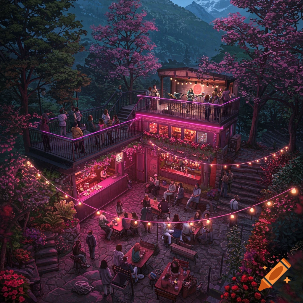 Mountain pub courtyard at night with neon pink bar, rooftop access via ...