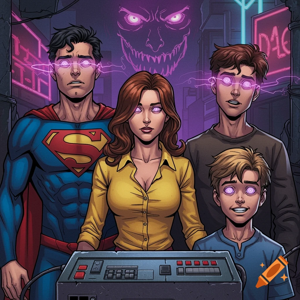 Superman, Lois Lane, and Jon Kent stand with glowing eyes, under mind control, in a comic book ...