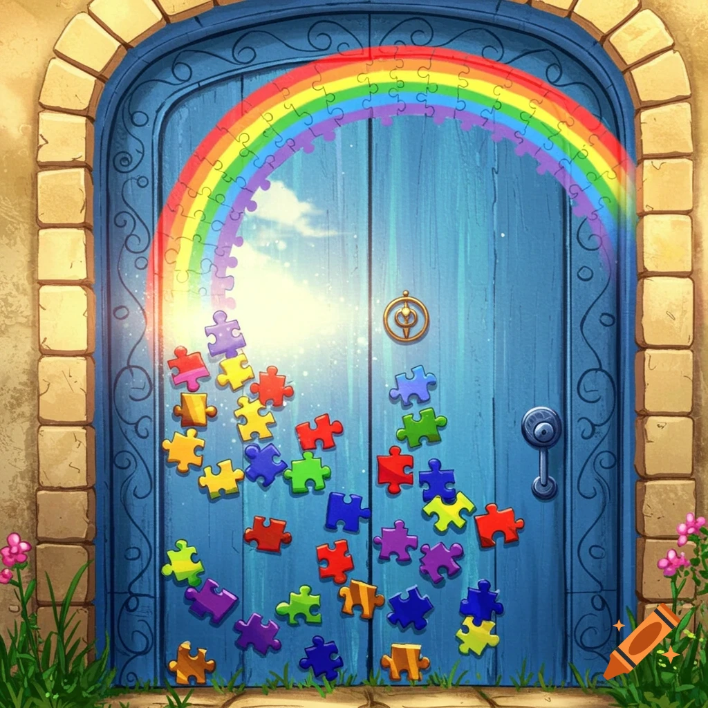 A blue door is adorned with a rainbow made of puzzle pieces, with ...