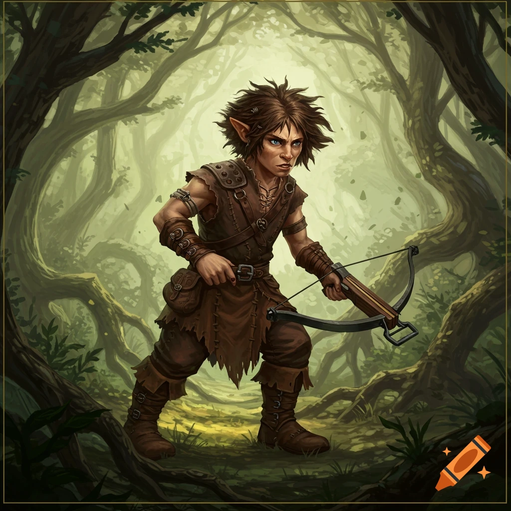 Feral halfling hunting in a forest with a crossbow on Craiyon
