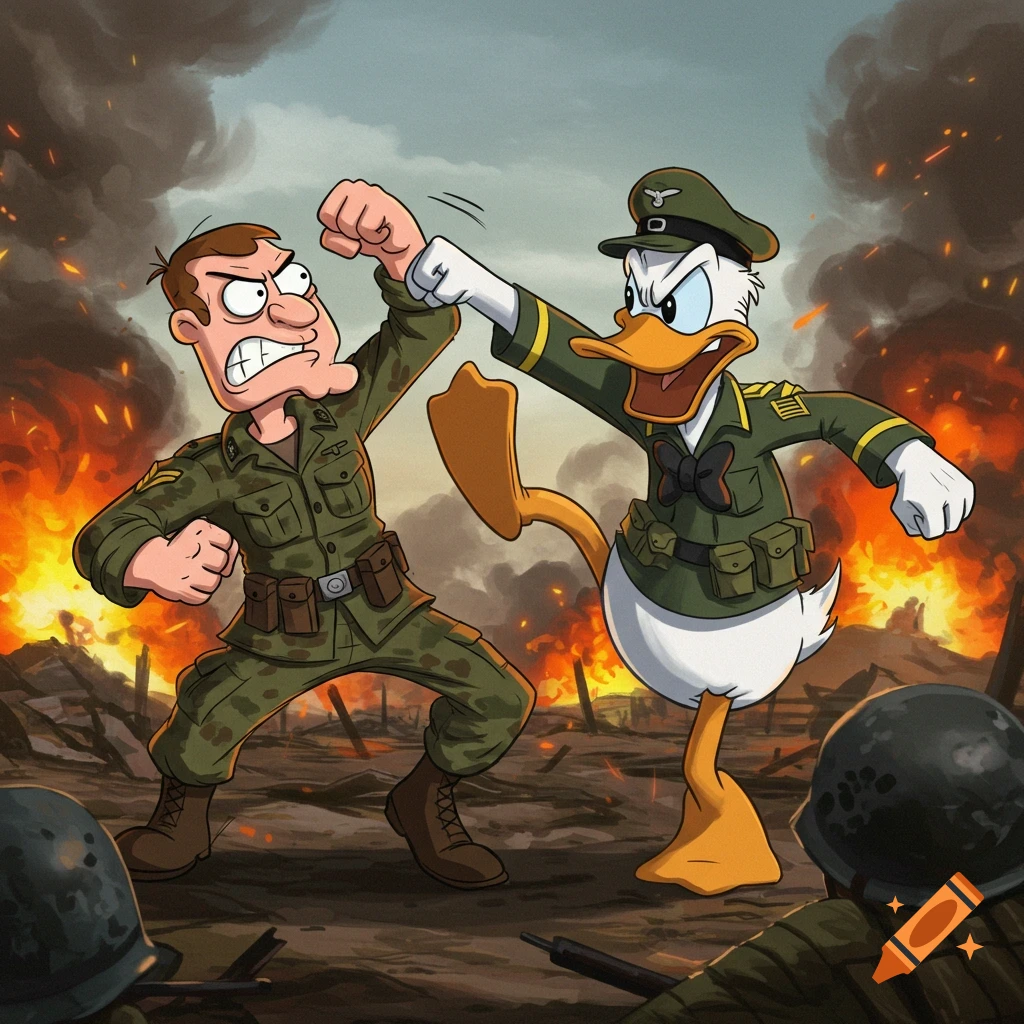 Cartoon human fights Donald Duck in military uniforms amidst explosions ...