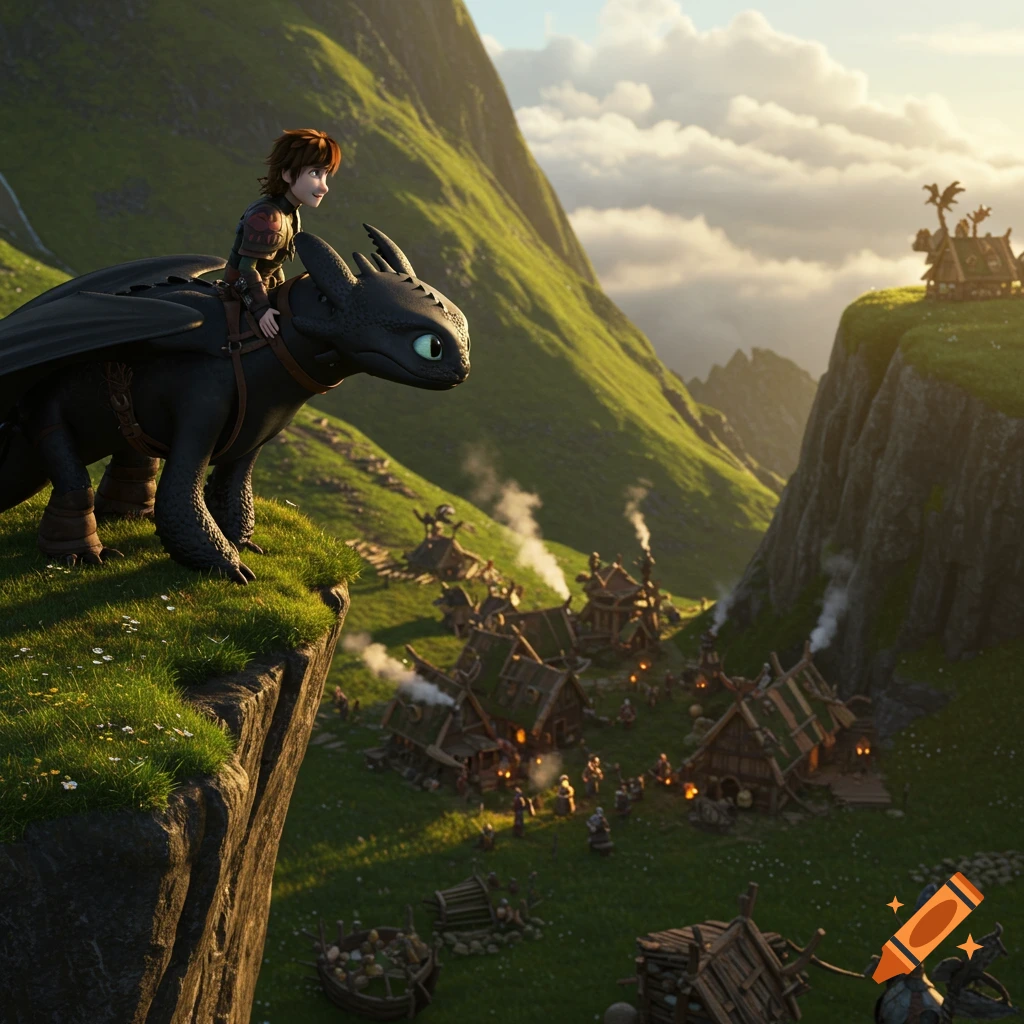 Toothless and Hiccup overlooking their village on Craiyon