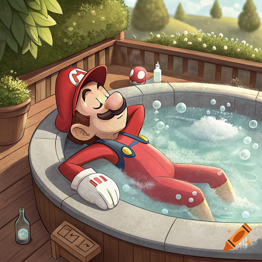 Illustration of Super Mario relaxing in a hot tub outdoors on a deck on ...