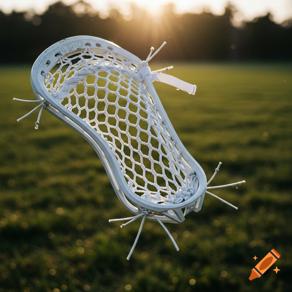 Close-up of a white lacrosse stick head against a blurred green field with sunset light. on Craiyon