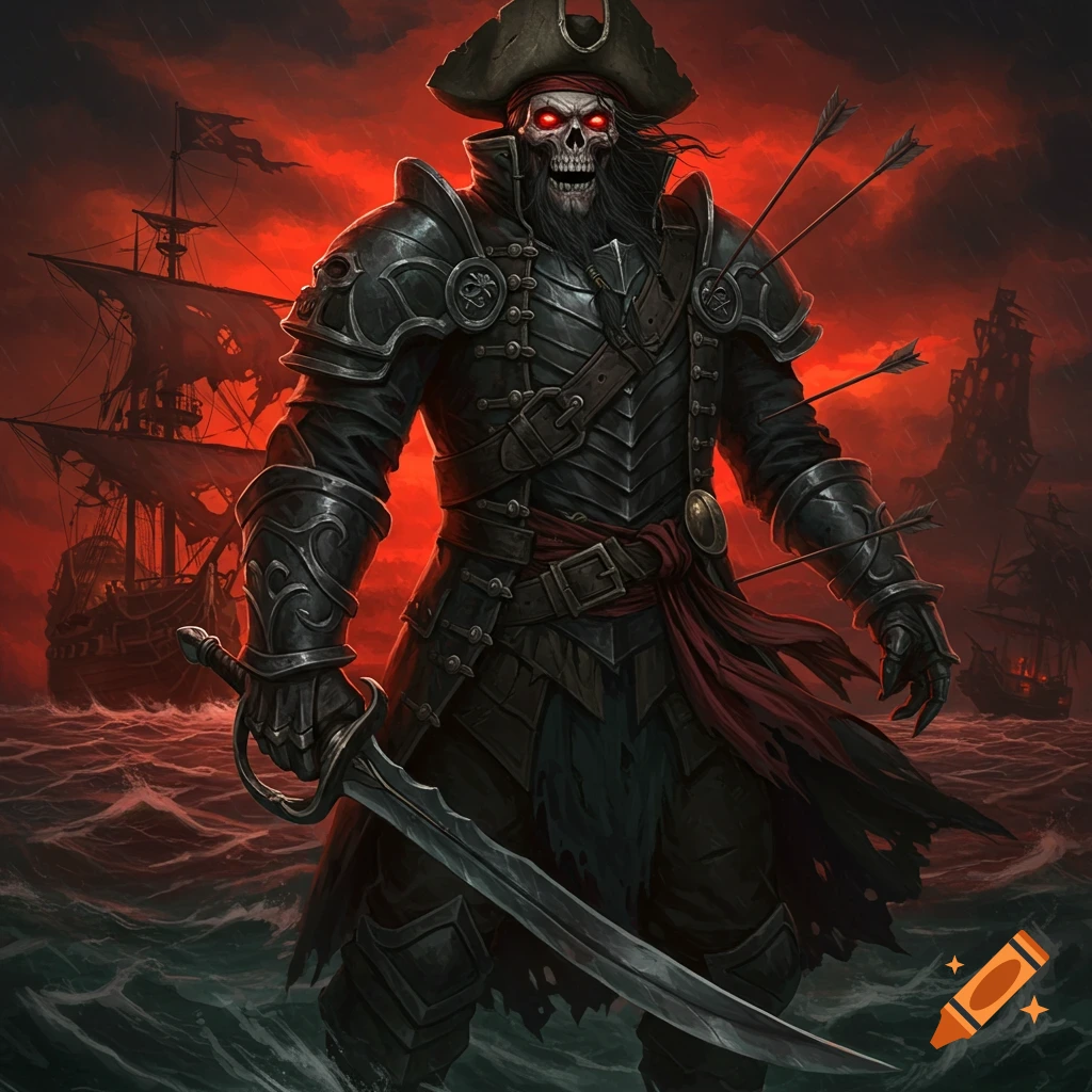 Undead pirate captain with fangs and a skull hat standing before a ...