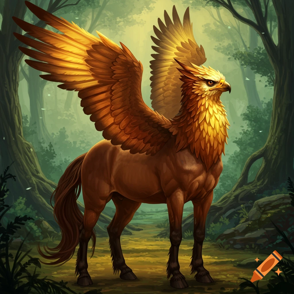A mythical creature hybrid of a griffin and cow stands in a sunny field ...