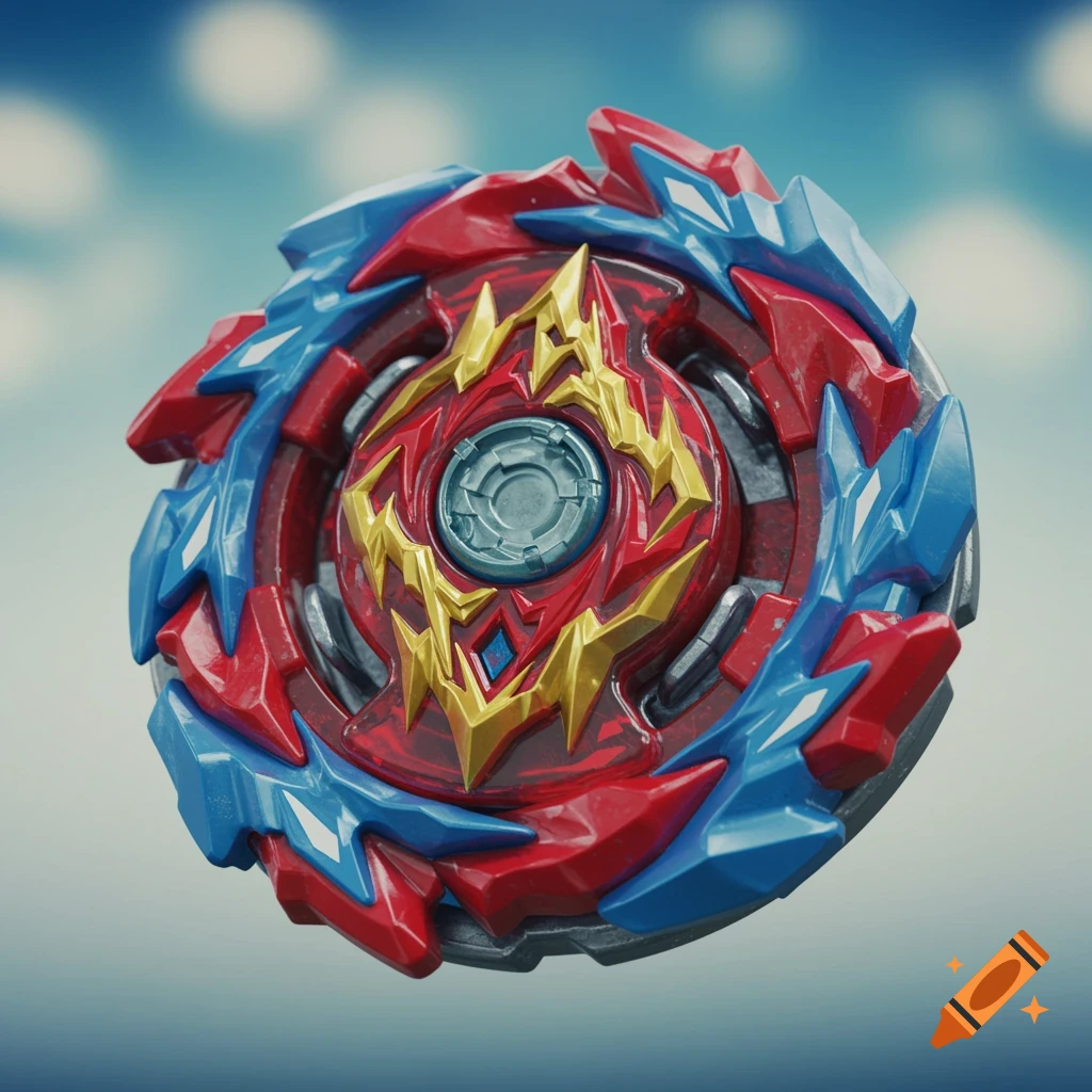 Top view of a red and orange dragon-themed Beyblade spinning on Craiyon