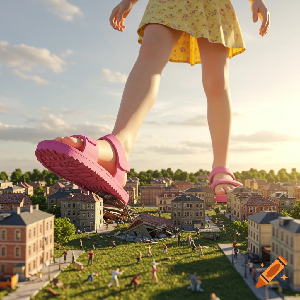 Giant girl in yellow sundress stepping on city buildings on Craiyon