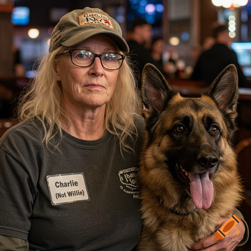 Woman with German shepherd in a bar on Craiyon