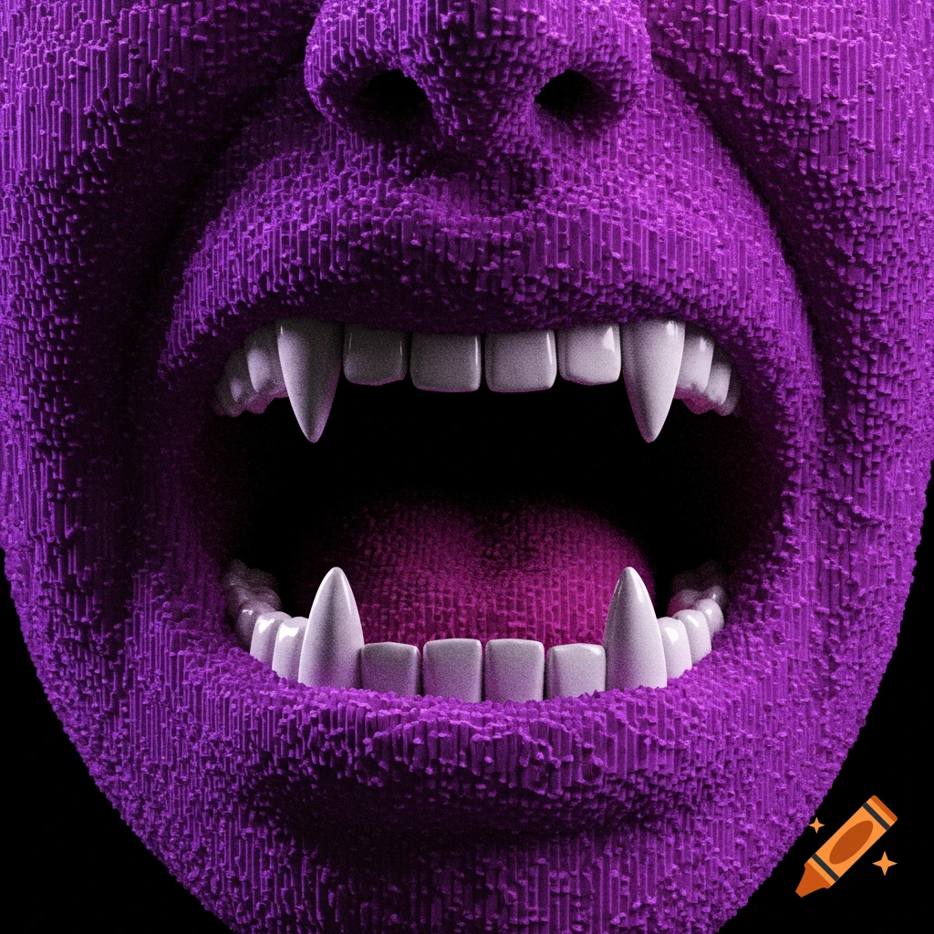 Close-up of a purple voxel monster face with fangs and open mouth. on ...