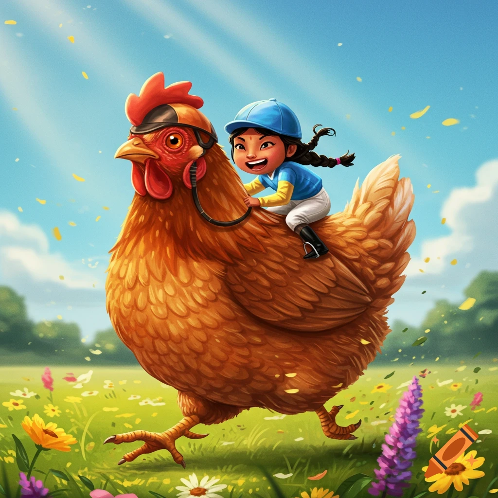 A vibrant cartoon illustration of a boy jockey riding a giant chicken ...